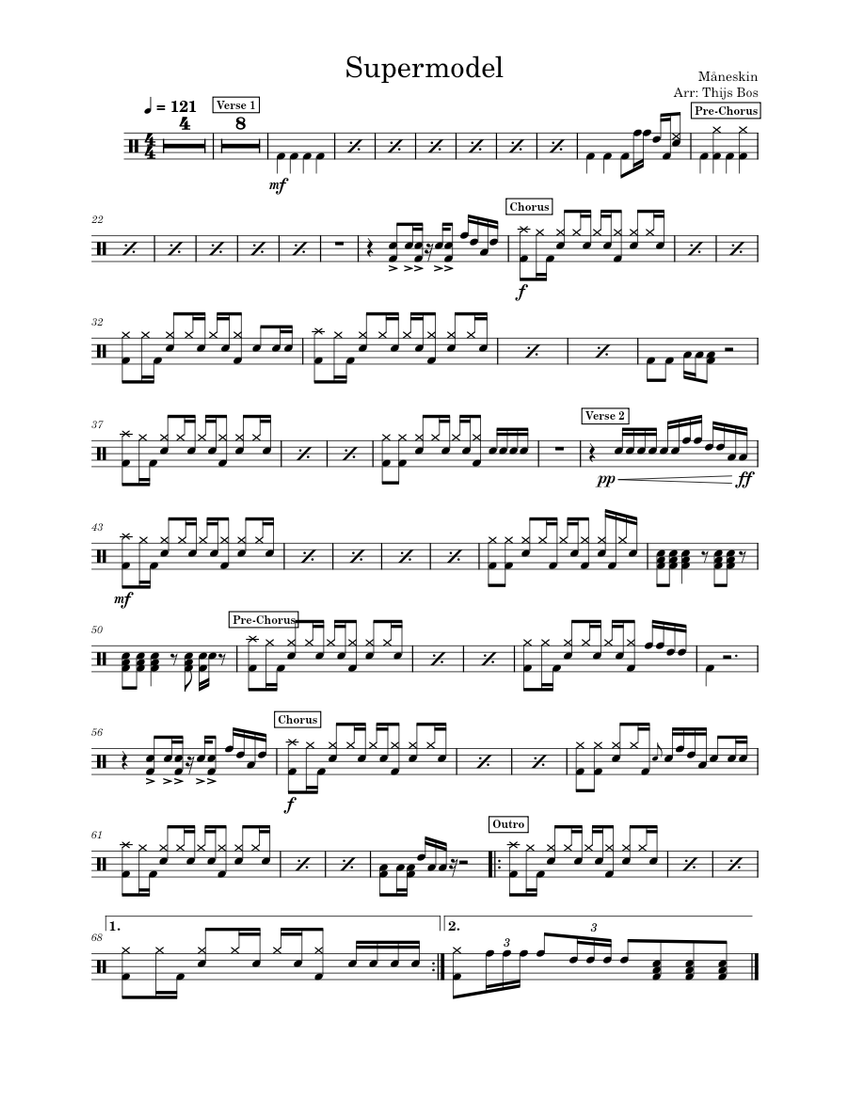 Supermodel – Måneskin (Drum cover) Sheet music for Drum group (Solo ...