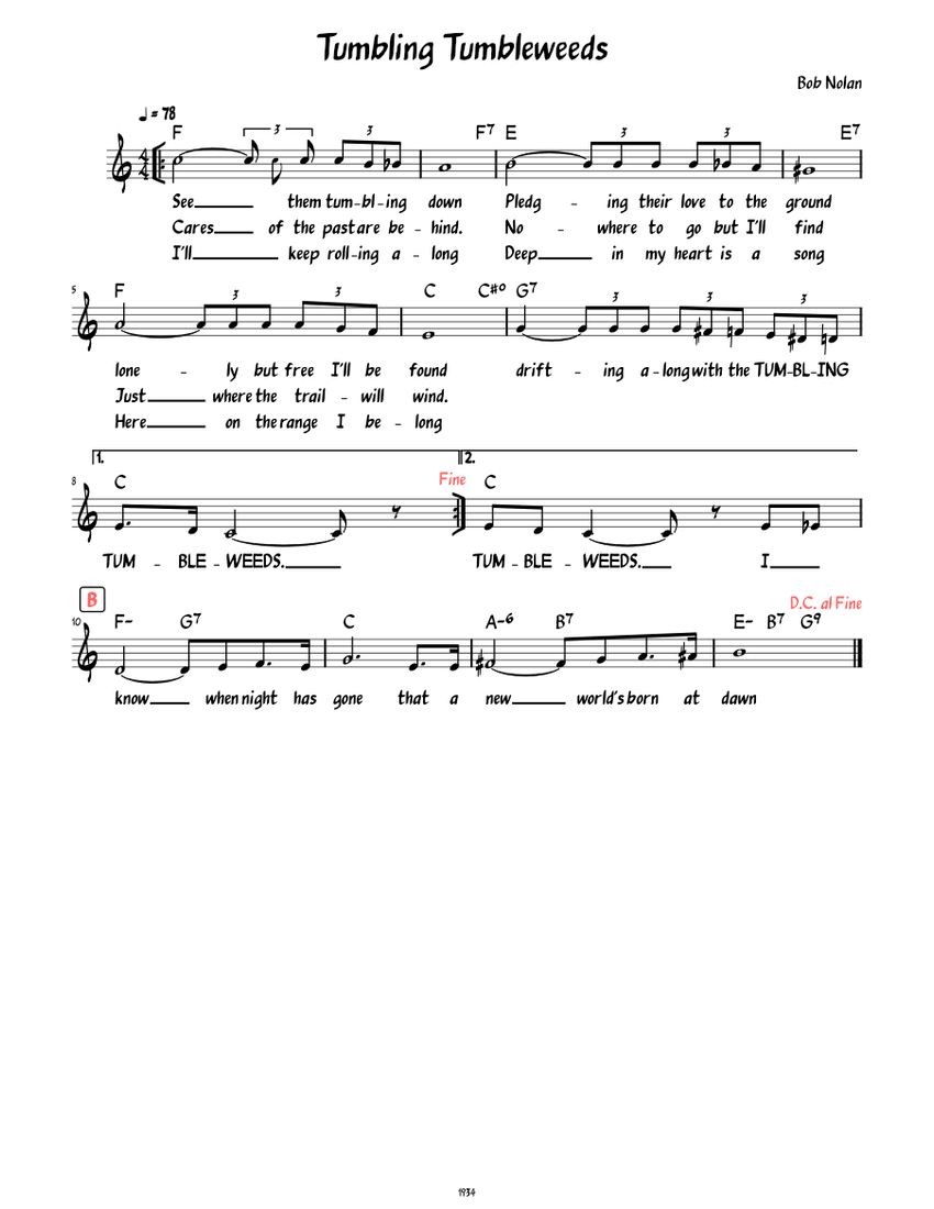 Tumbling Tumbleweeds (Lead sheet with lyrics ) Sheet music for Piano ...