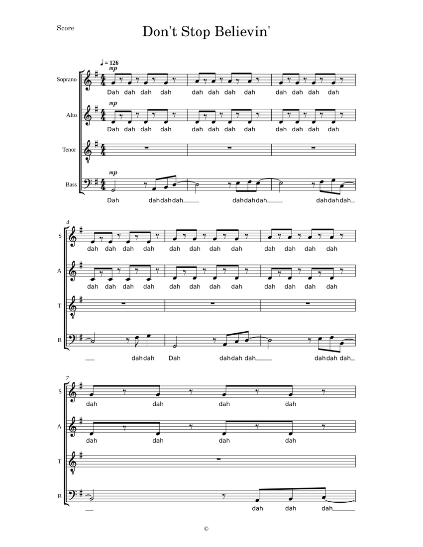 Don't Stop Believin Sheet Music for Soprano, Alto, Tenor, Bass voice ...