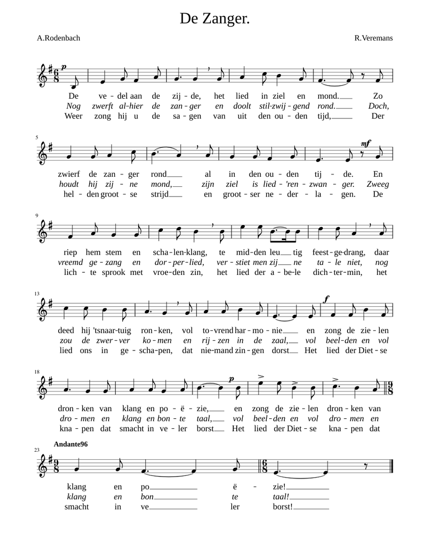 De Zanger Sheet Music for Vocals (Solo) | MuseScore.com