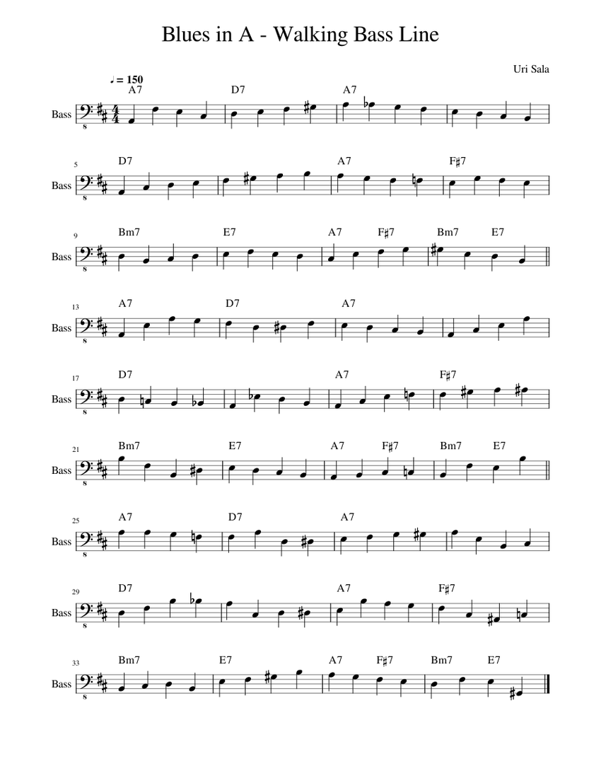 Blues in A - Walking Bass Line Sheet Music with Chords for Bass guitar ...