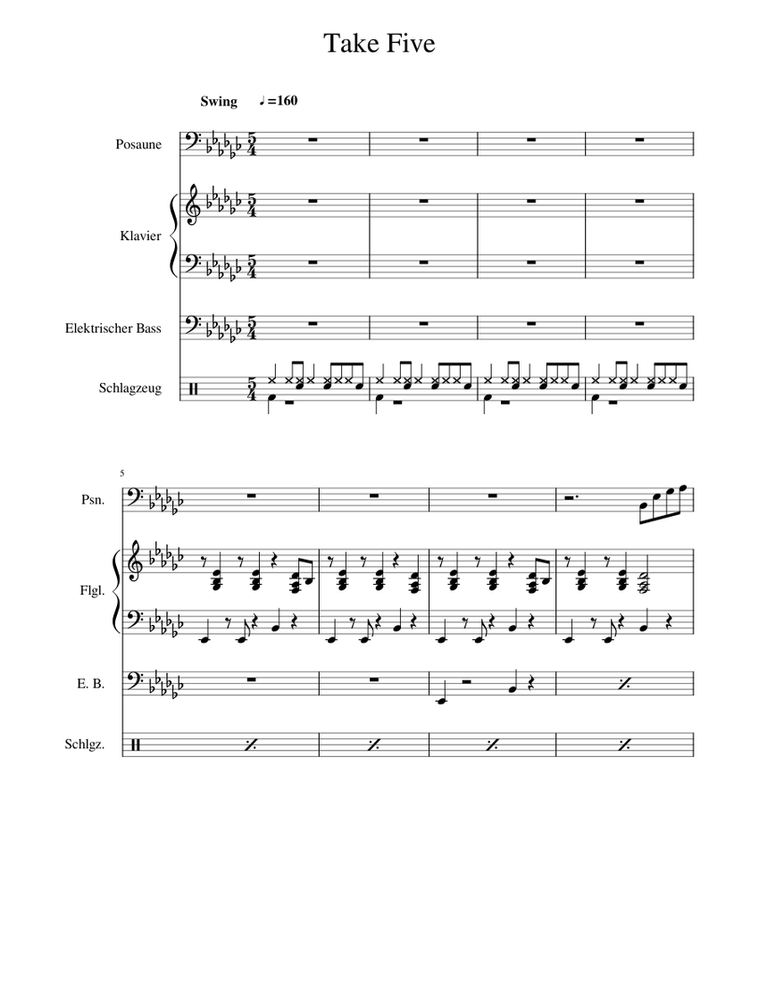Take Five Sheet music for Piano, Trombone, Bass guitar, Drum group ...