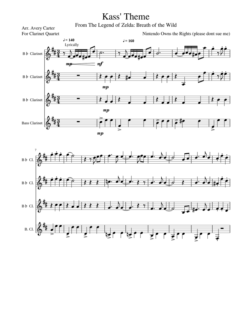 Kass' Theme For Clarinet Quartet Sheet Music for Clarinet in b-flat ...