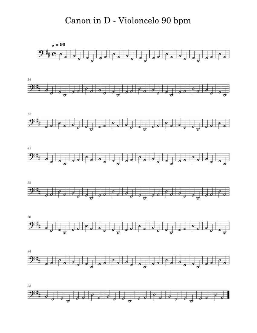 Canon in D - Violoncelo 90 bpm Sheet music for Piano (Solo) Easy ...