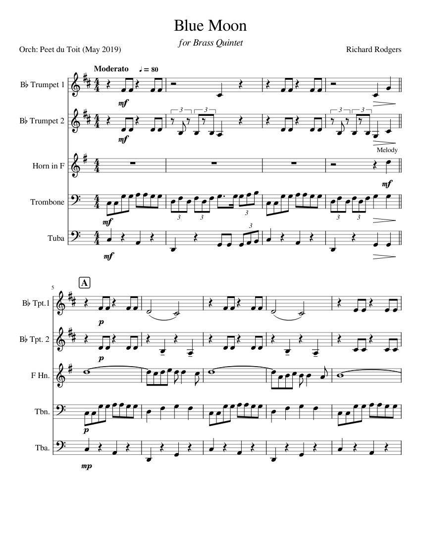 Blue Moon - Richard Rogers (Brass Quintet) Sheet Music for Trombone ...