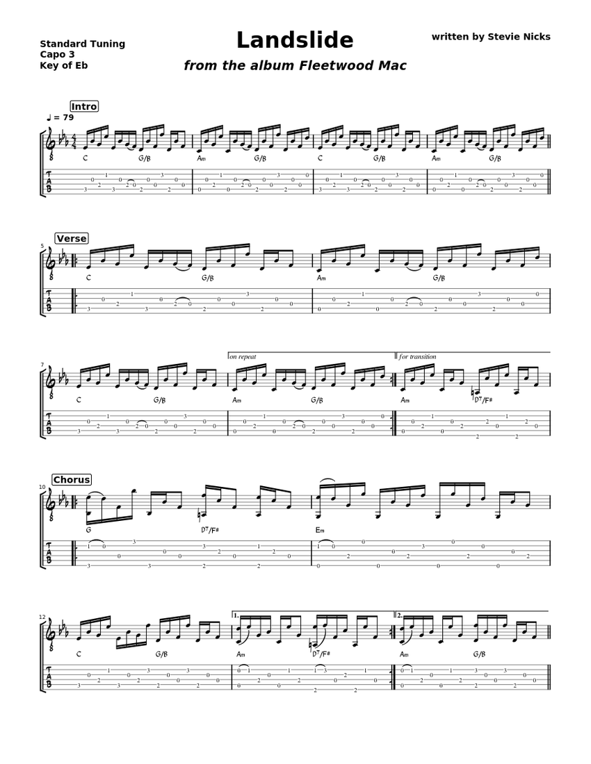 Fleetwood Mac - Landslide Sheet Music and Tab with Chords for Guitar ...