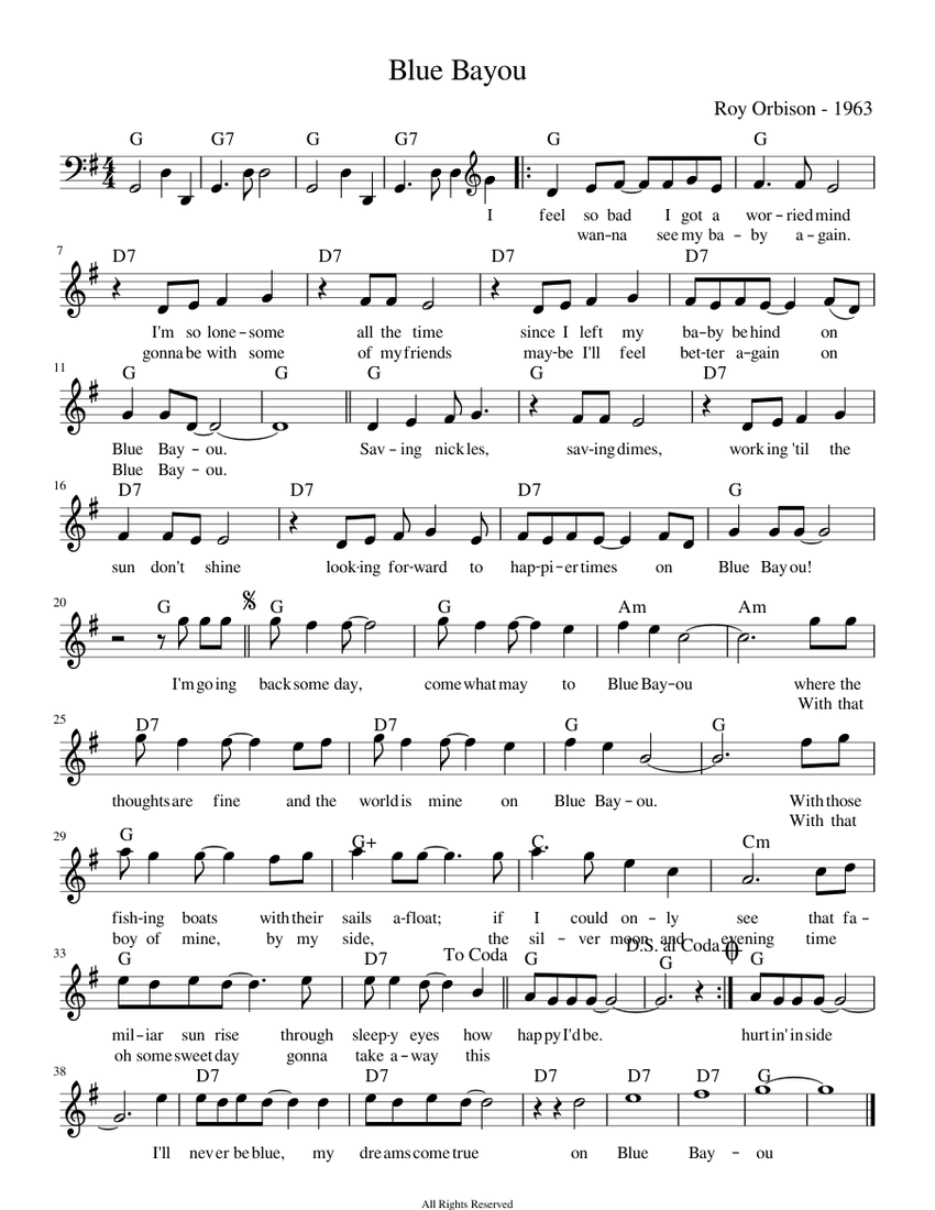 Blue Bayou Sheet Music with Chords for Piano (Solo) | MuseScore.com