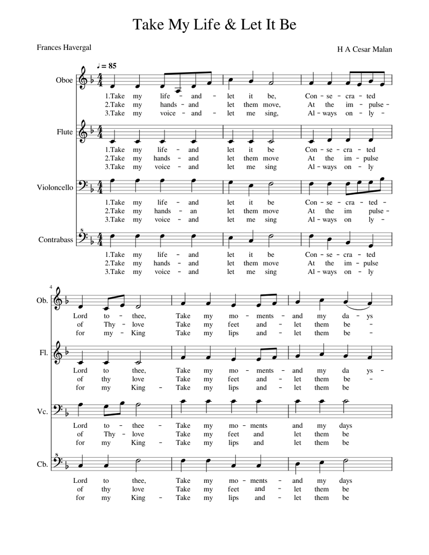 Take_My_Life_&_Let_It_Be Sheet music for Flute, Oboe, Contrabass, Cello ...