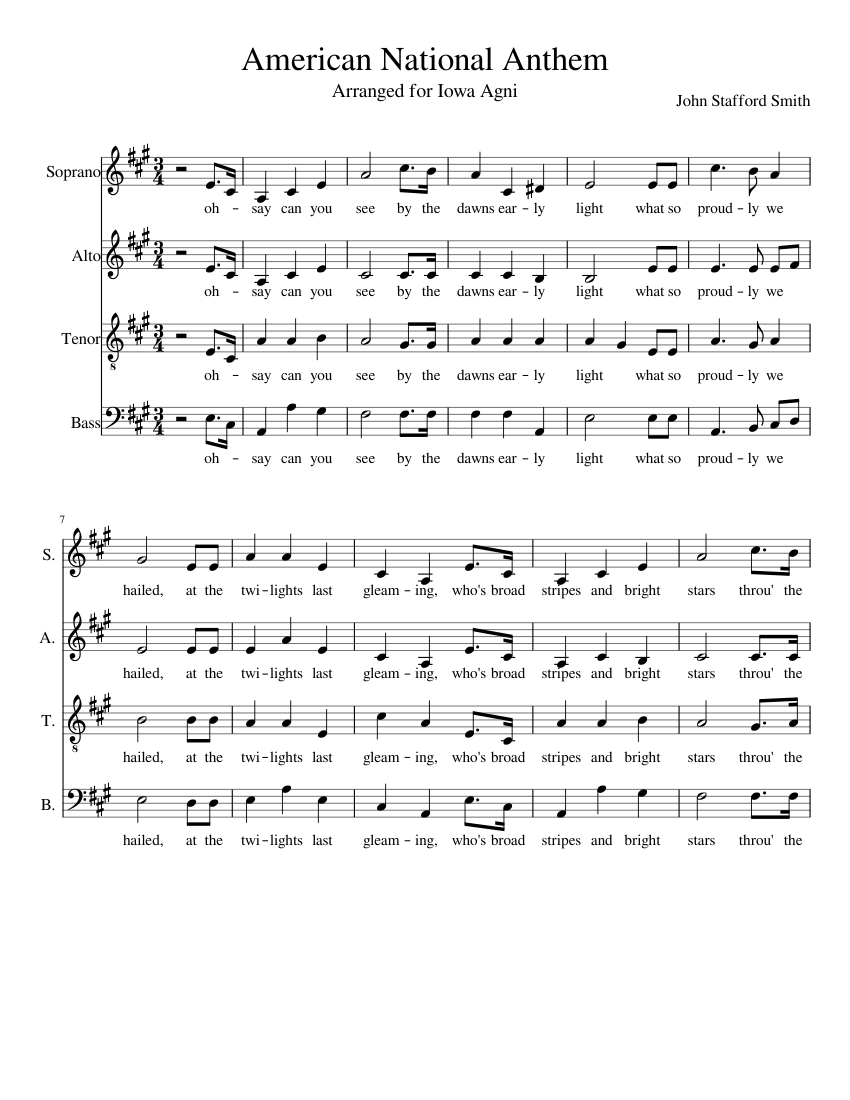 American National Anthem Sheet Music for Soprano, Alto, Tenor, Bass ...