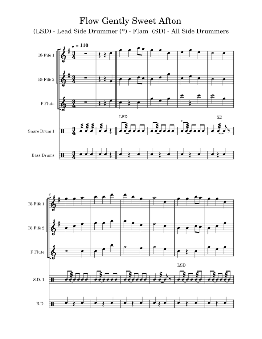 Flow Gently Sweet Afton Sheet music for Flute, Snare drum, Bass drum ...