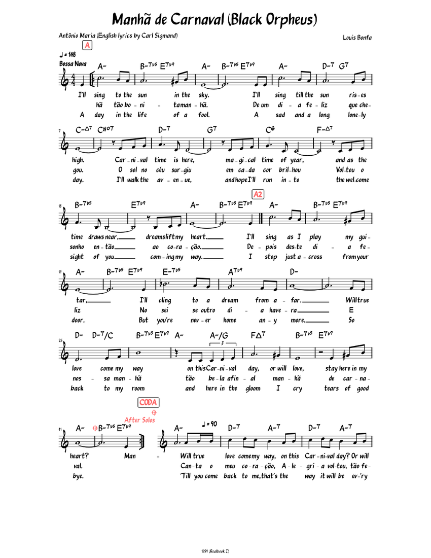 Manhã de Carnaval (Black Orpheus) (Lead sheet with lyrics ) - piano tutorial