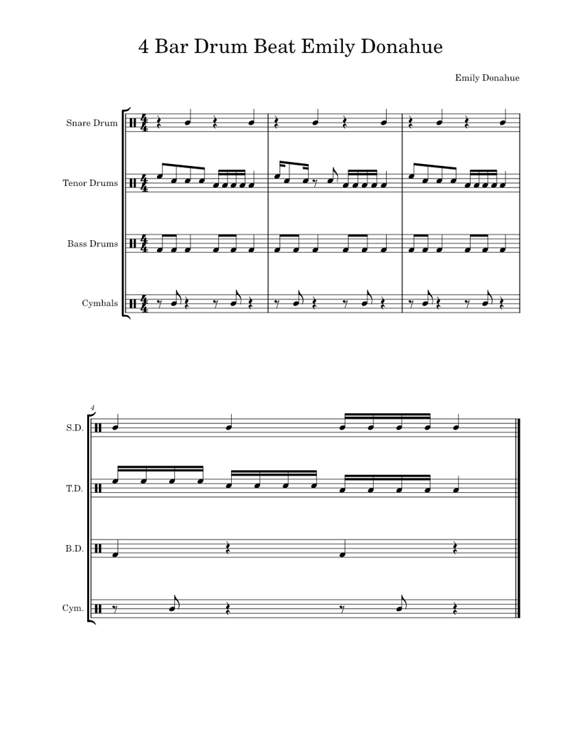 Emily Donahue 4 Bar Drum Beat (performance piece) Sheet music for Snare ...