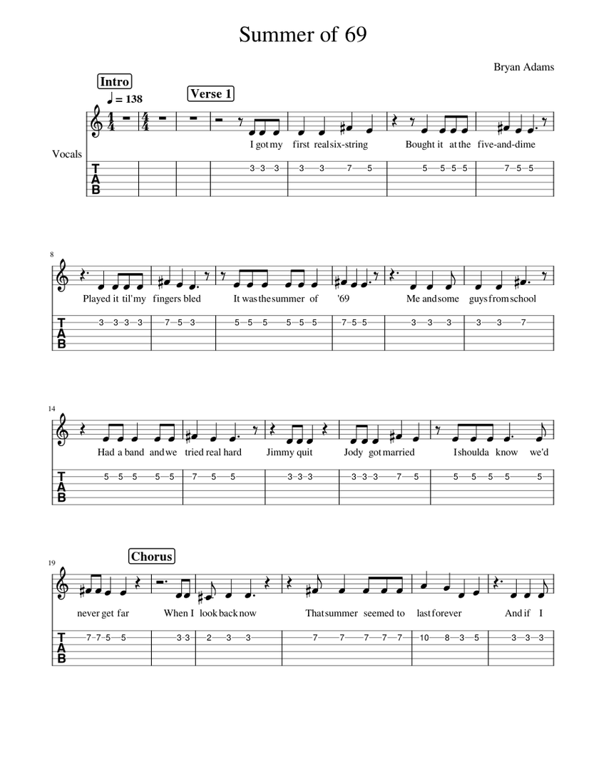 Summer of '69 – Bryan Adams Sheet Music and Tab for Saxophone other ...