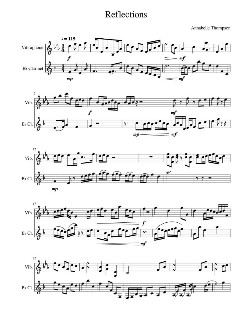 Reflections Sheet Music for Clarinet in b-flat, Vibraphone (Mixed Duet ...