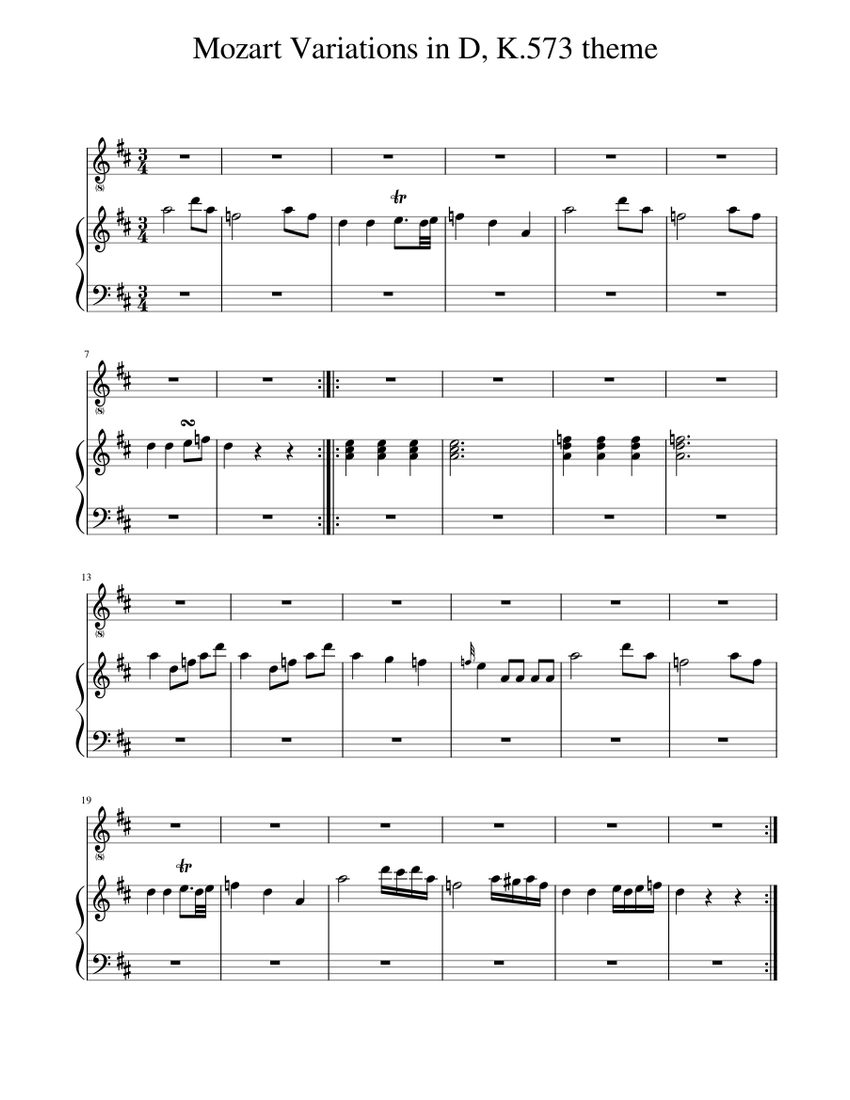 Mozart Variations in D, K Sheet Music for Piano, Vocals (Piano-Voice ...