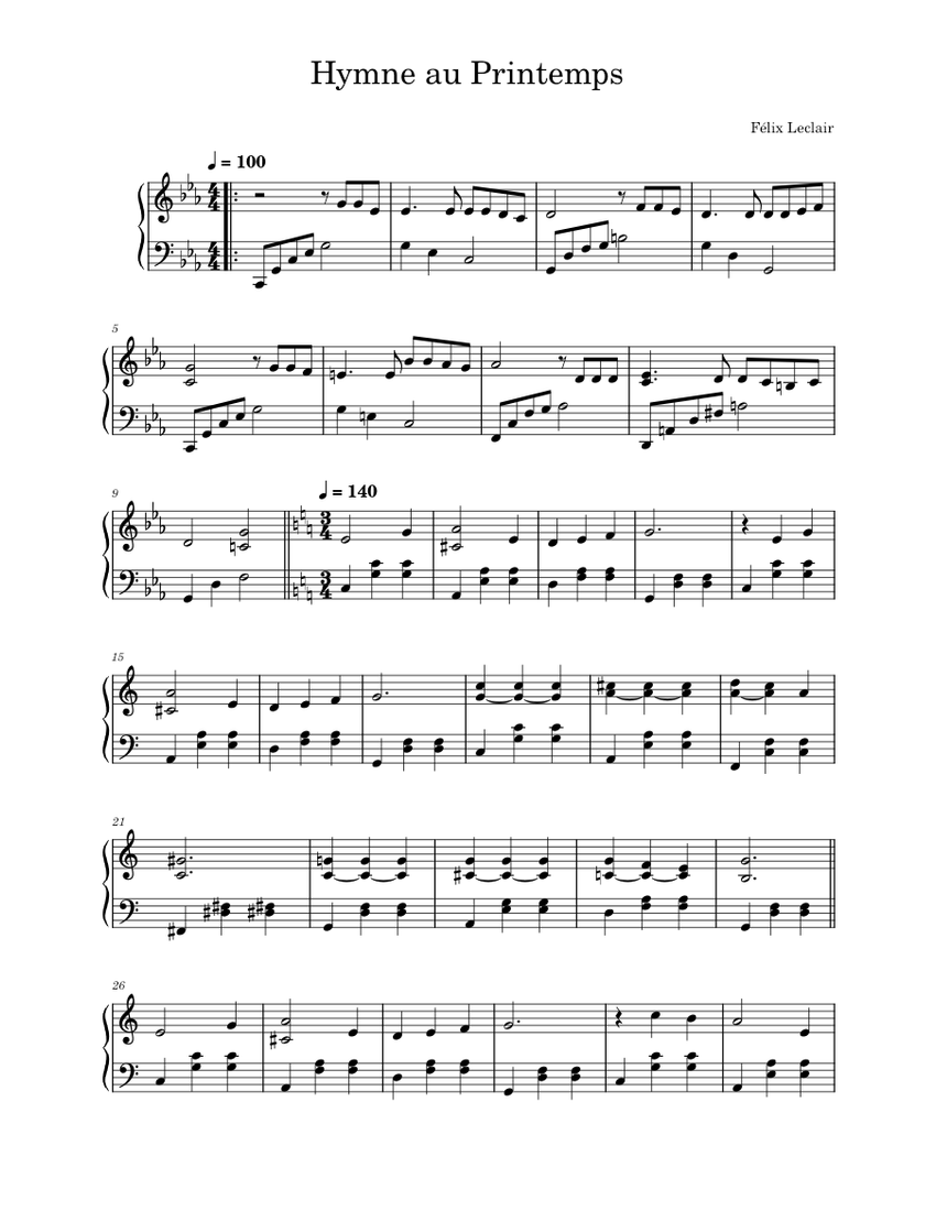 Hymne au printemps - Félix Leclerc Sheet Music for Piano (Piano Duo ...