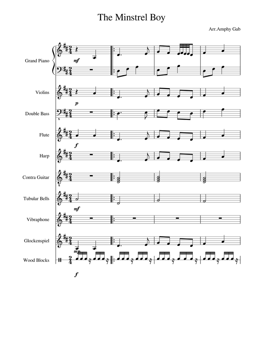 The Minstrel Boy Sheet music for Piano, Flute, Contrabass, Vibraphone ...