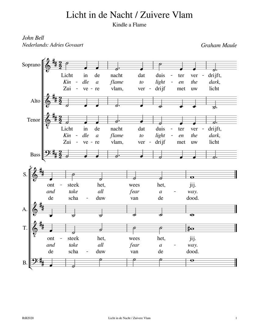 Licht in de Nacht-Zuivere Vlam Sheet Music for Soprano, Alto, Tenor ...