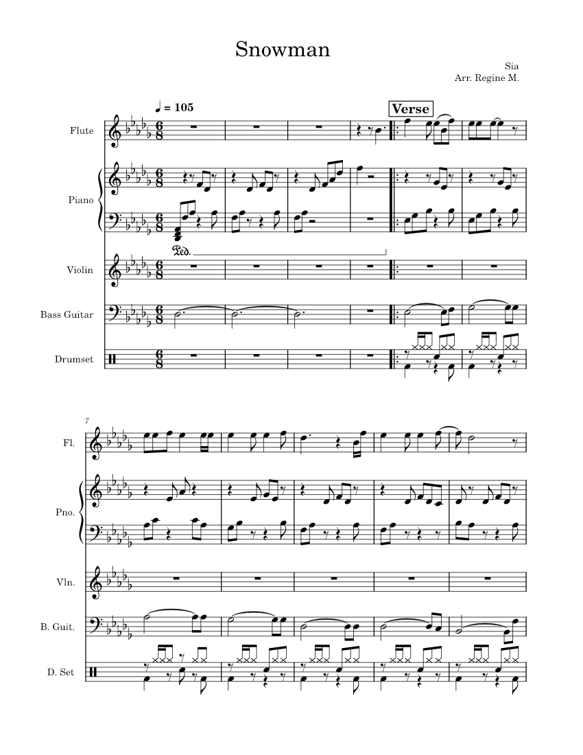 Snowman – Sia Sheet Music for Piano, Flute, Violin, Bass guitar & more ...