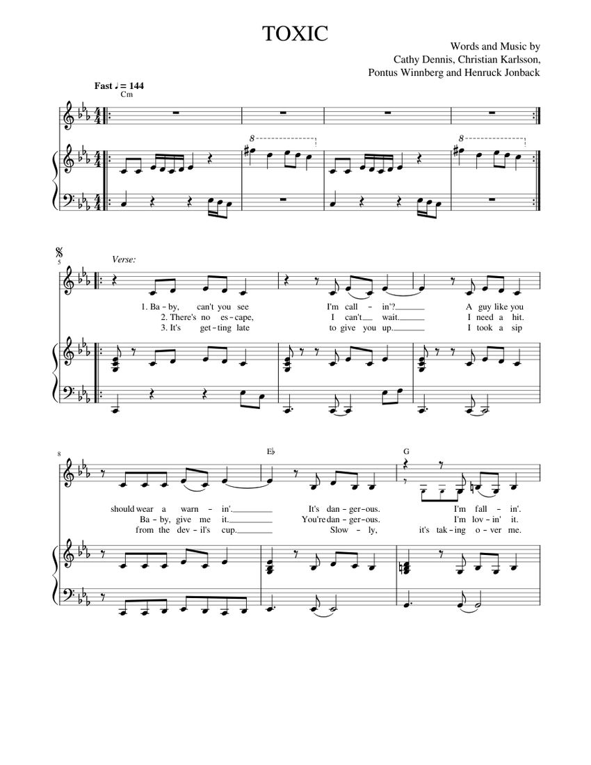 Toxic Sheet Music with Chords for Piano, Vocals (Piano-Voice ...