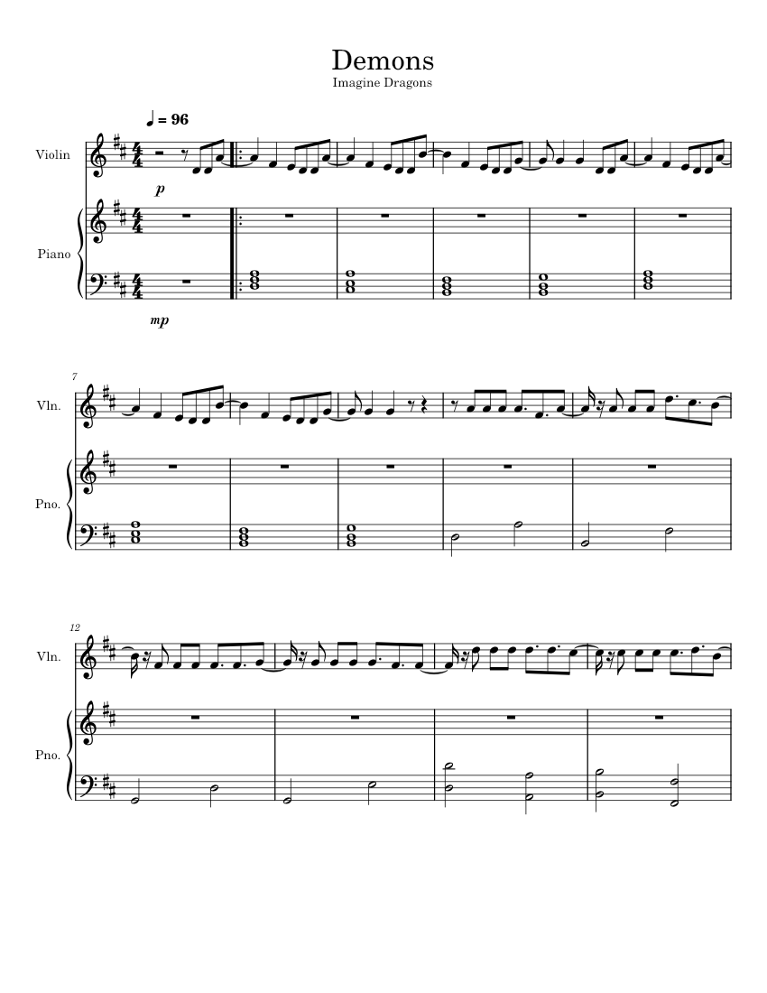 Demons - Imagine Dragons Sheet Music for Piano, Violin (Solo ...