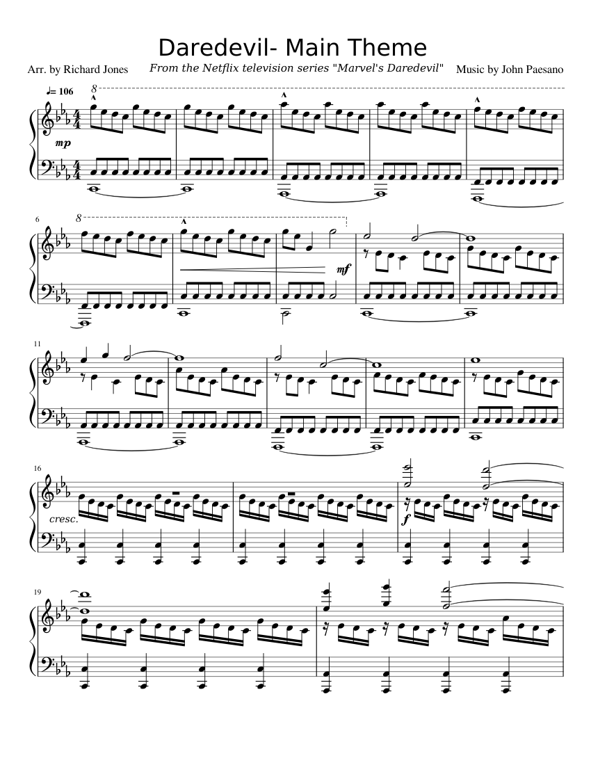 Marvels Daredevil Main Theme Piano Sheet music for Piano (Solo ...
