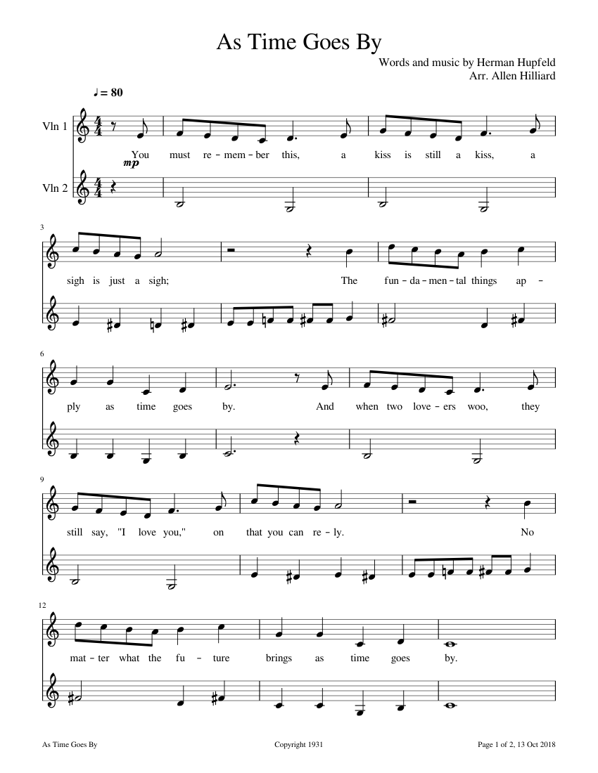 As Time Goes By Sheet music for Violin (String Duet) | Musescore.com