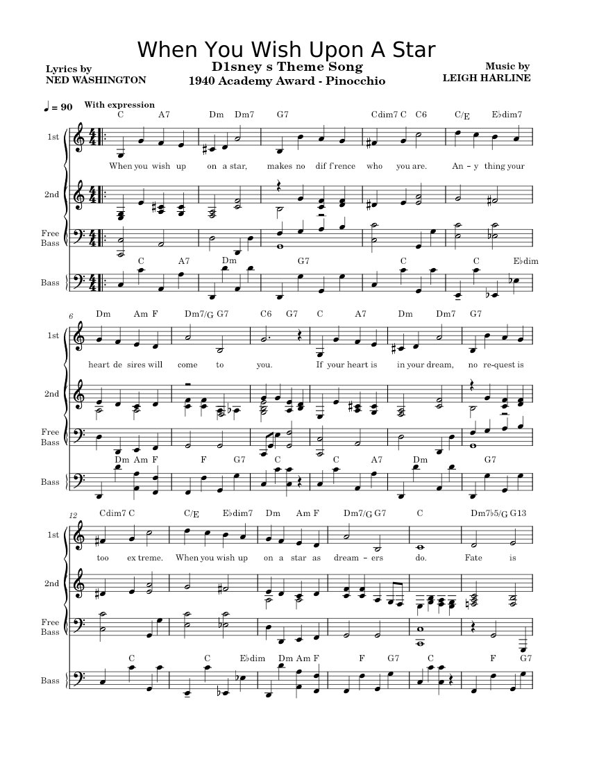 When You Wish Upon a Star – Ned Washington and Leigh Harline Sheet ...