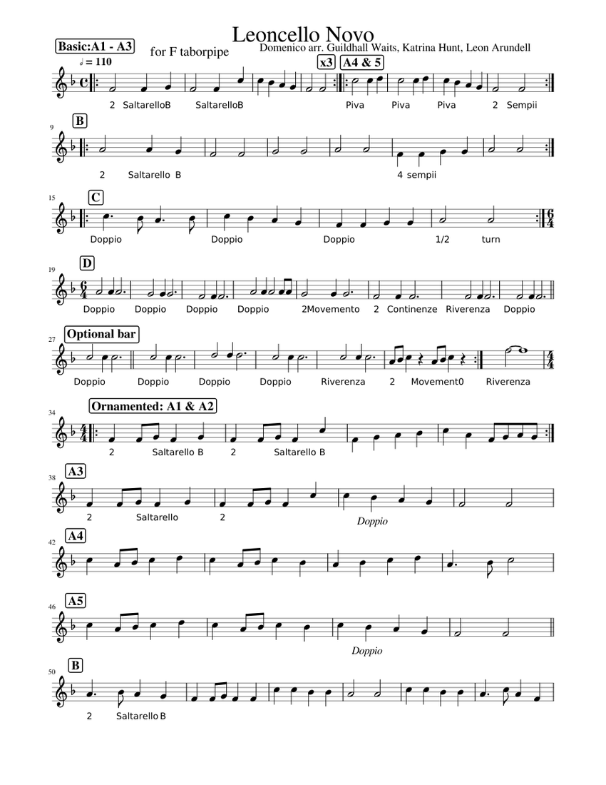 Leoncello Novo dance: basic + Guildhall-Hunt for taborpipe Sheet Music ...