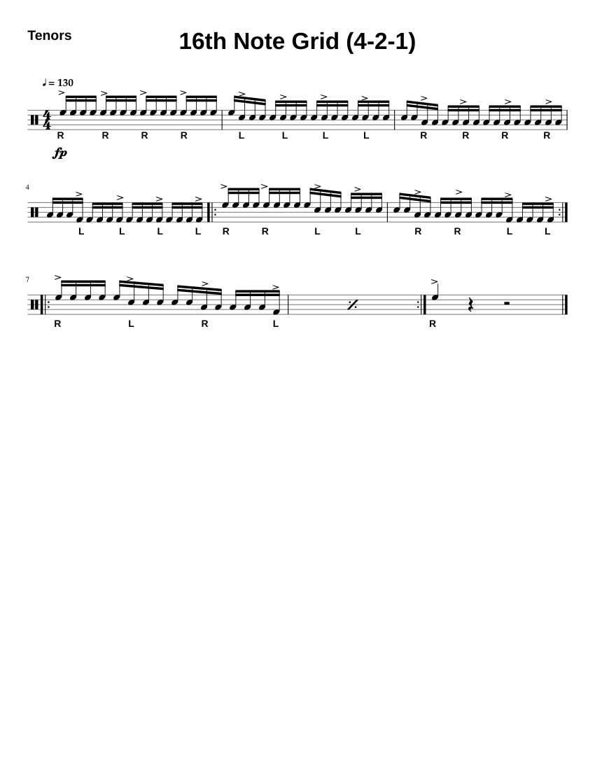 16th Note Grid (4-2-1) (Tenor Line) Sheet Music for Tenor drum (Solo ...