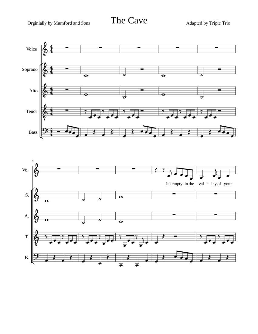 The Cave (Mumford and Sons) Acapella Sheet Music for Bass guitar, Voice ...