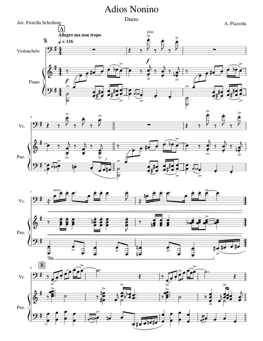 Adios Nonino VIOLONCELLO Sheet Music for Piano, Cello (Solo ...