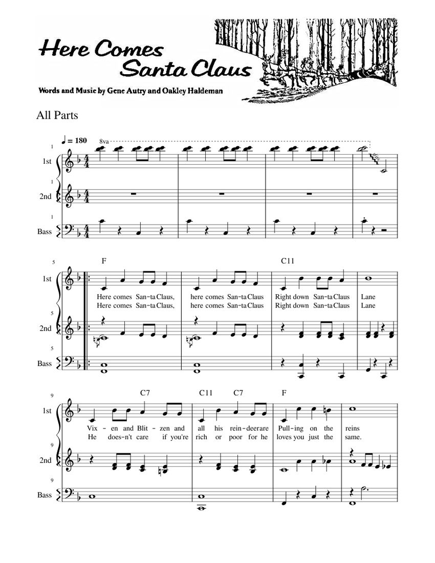 Here Comes Santa Clause Sheet Music with Chords for Accordion (Piano ...