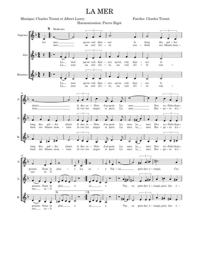 La Mer – Charles Trenet Sheet Music for Soprano, Alto, Tenor (SATB ...