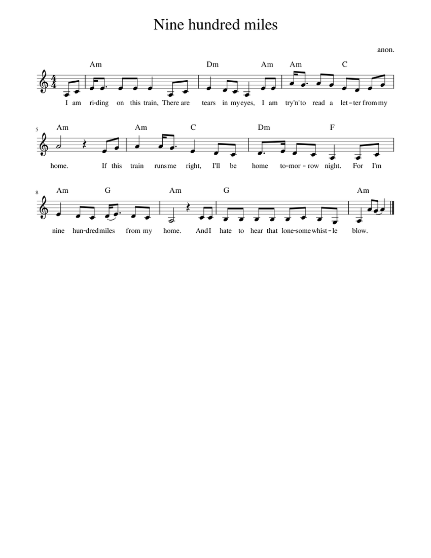 Nine hundred miles Sheet music for Piano (Solo) | Musescore.com