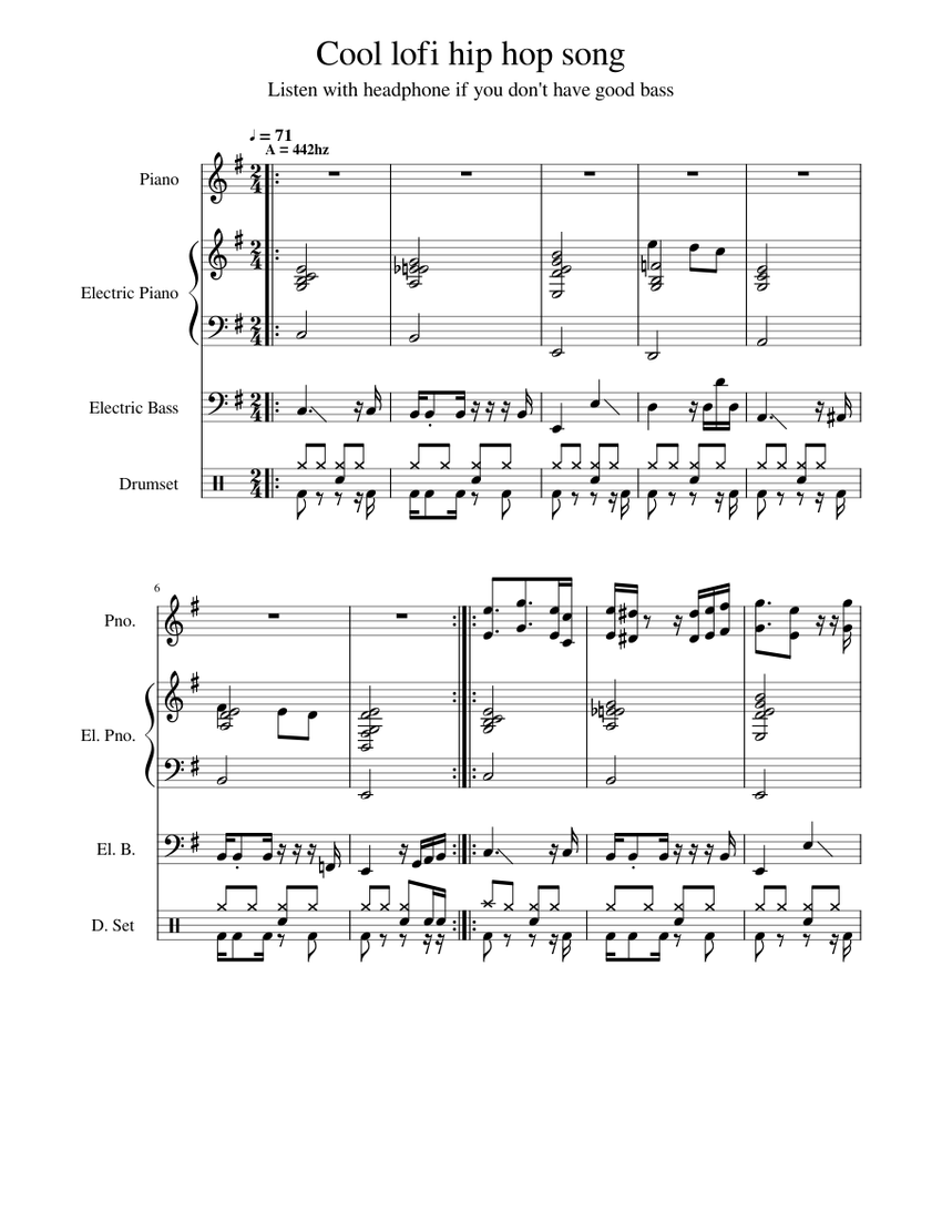 Cool lofi hip hop song Sheet Music for Piano, Bass guitar, Drum group ...