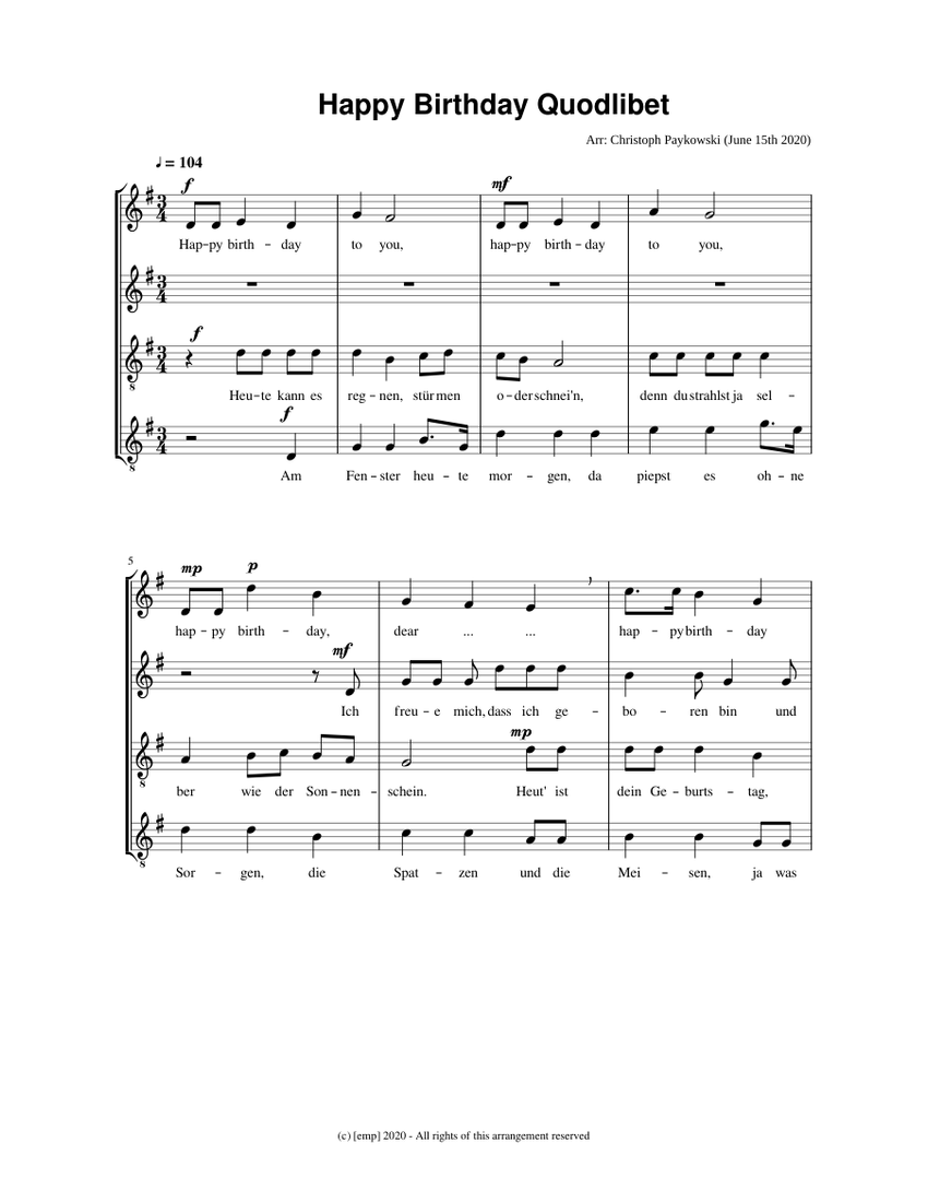 Happy Birthday Quodlibet [emp] Sheet music for Vocals (Choral ...