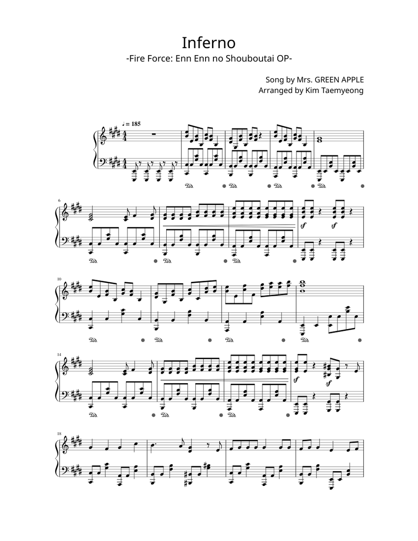 Inferno -Fire Froce: Enn Enn no Shouboutai OP- Sheet Music for Piano ...
