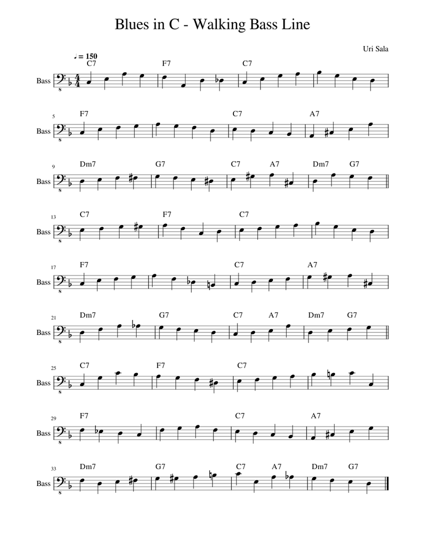 Blues in C - Walking Bass Line Sheet Music with Chords for Bass guitar ...