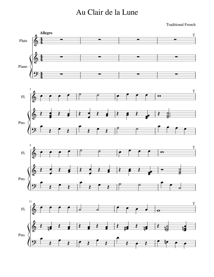 Au_Clair_de_la_Lune Sheet music for Piano, Flute (Solo) | Musescore.com