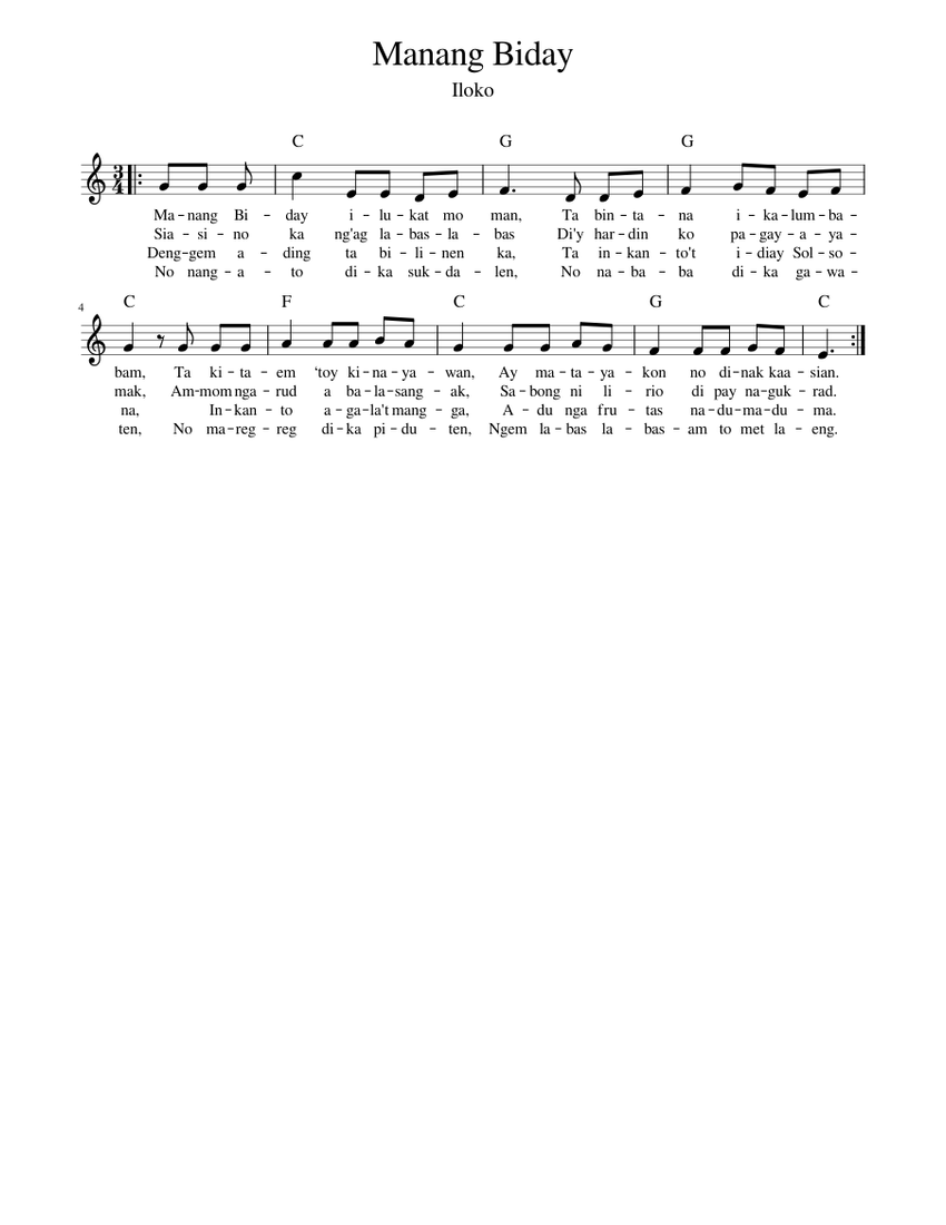 Manang Biday Sheet Music with Chords for Piano (Solo) easy | MuseScore.com