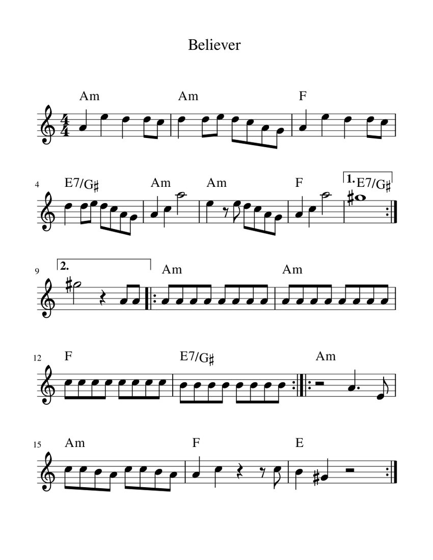 Believer Sheet Music with Chords for Piano (Solo) easy | MuseScore.com