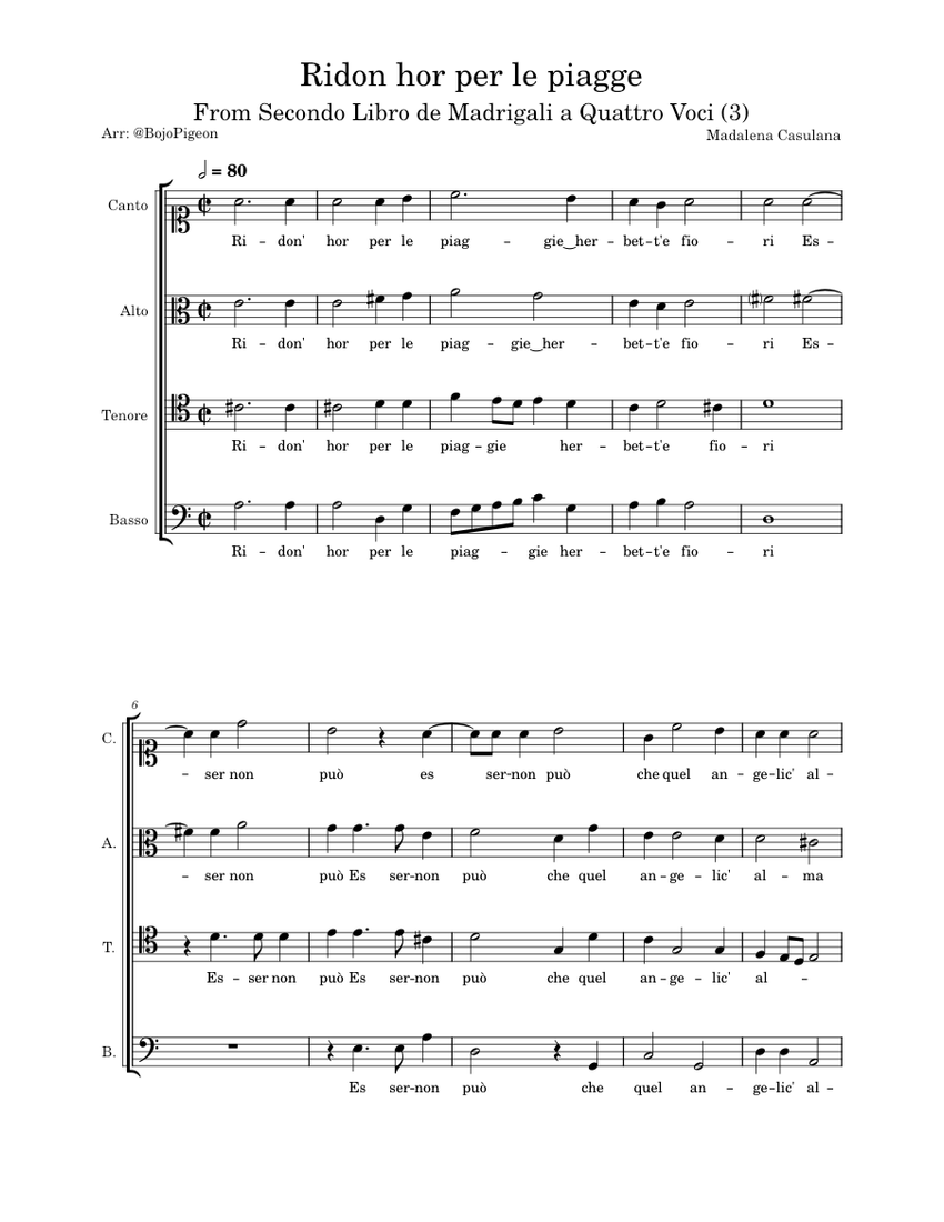 Ridon' hor per le piagge – Maddalena Casulana Sheet music for Vocals ...