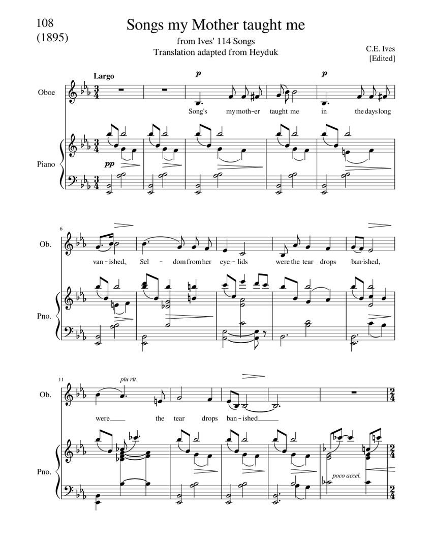 Ives, Charles - Songs my Mother taught me Sheet Music for Piano, Oboe ...