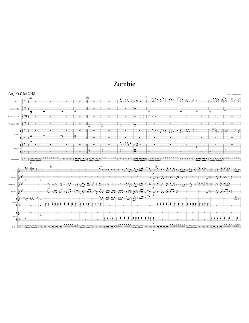 Zombie - The Cranberries Sheet Music for Piano, Flute, Clarinet in b ...