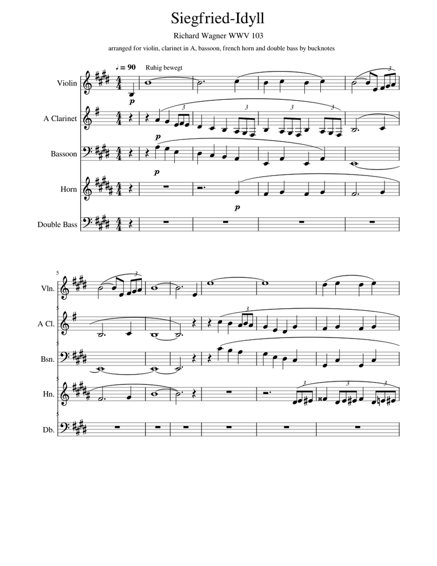 Siegfried Idyll by Richard Wagner Sheet Music for Bassoon, French horn ...