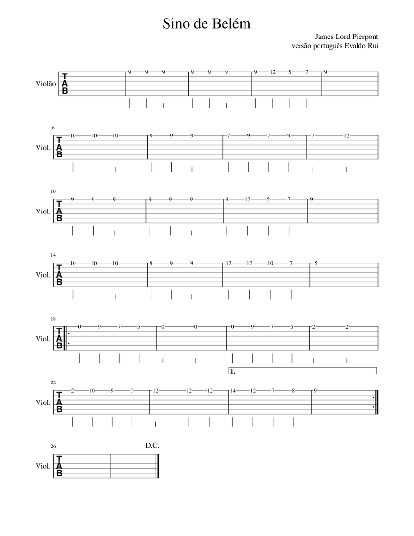 Sino de Belem – James Lord Pierpont Sheet Music and Tab with Chords for ...