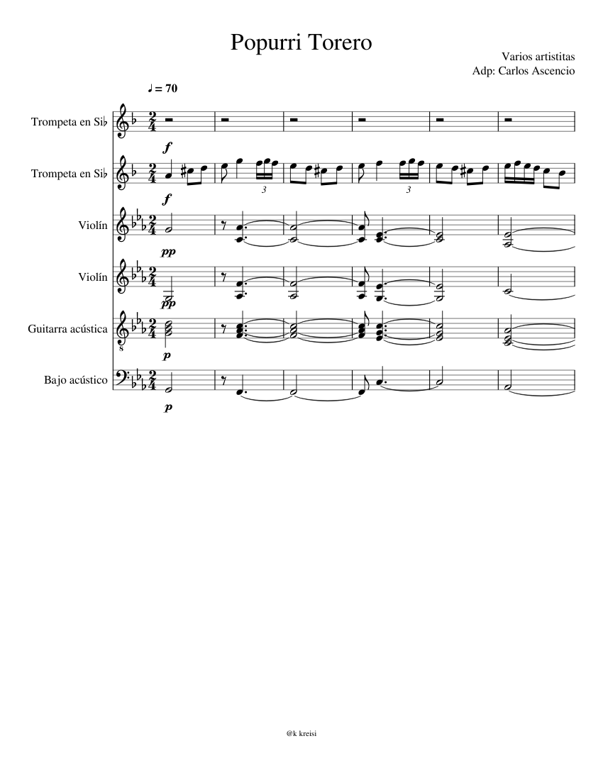 Popurri Torero Sheet Music for Trumpet in b-flat, Violin, Guitar, Bass ...