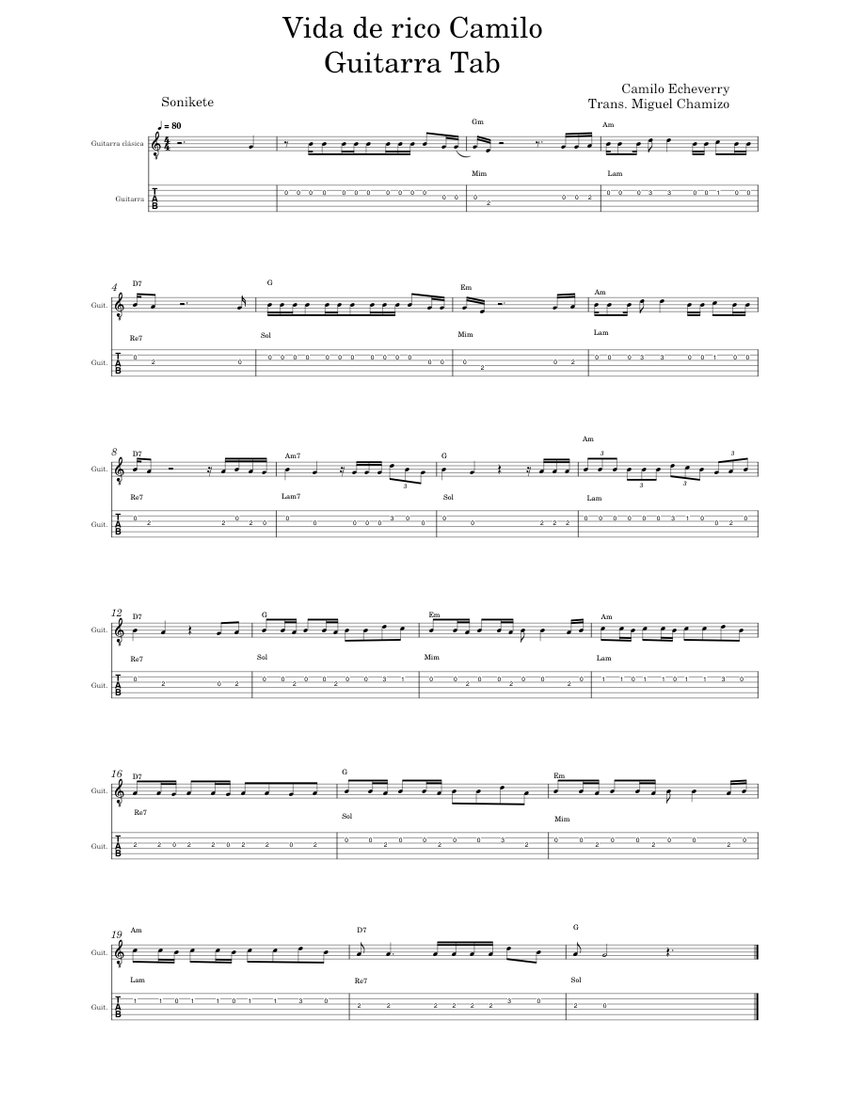 Vida de Rico Camilo Sheet Music and Tab for Guitar (Solo) | MuseScore.com