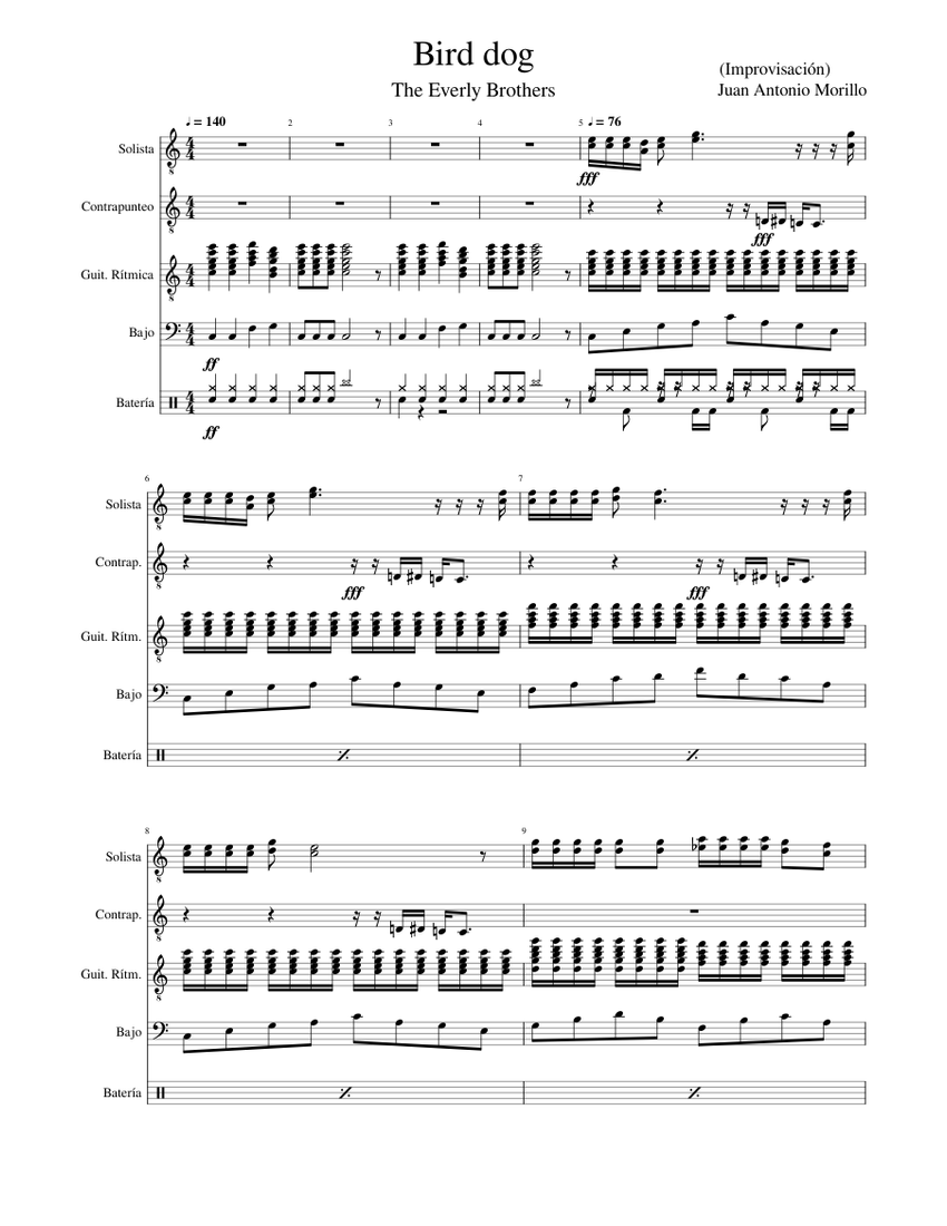Bird dog Sheet music for Guitar, Bass guitar, Drum group (Mixed Quintet ...